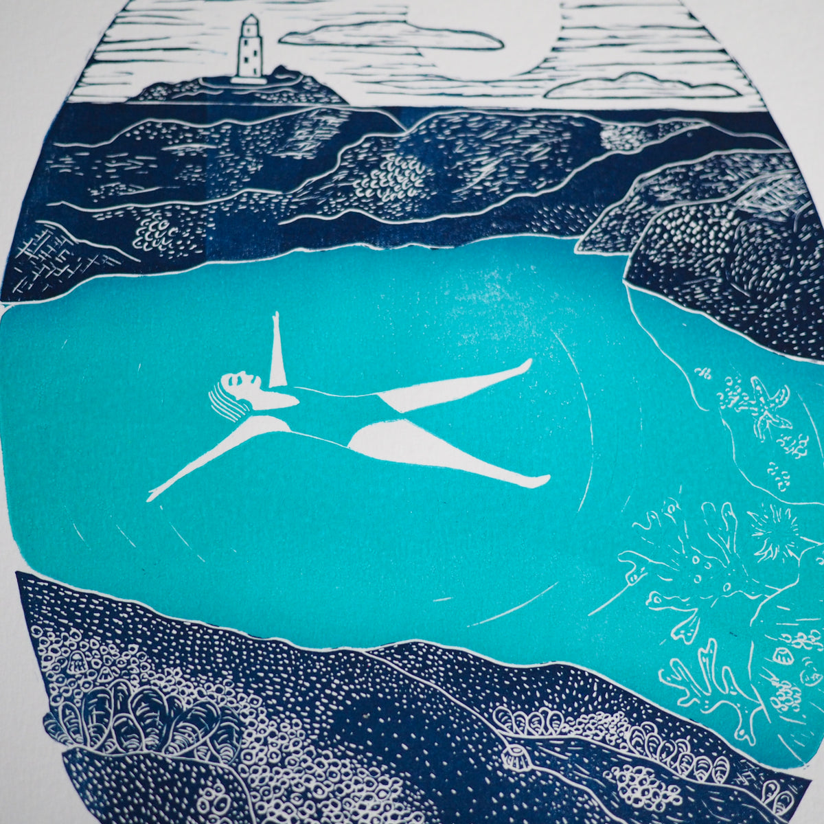 Cornish Seapool Wild Swimming Original Lino Print – The Black Pug Press